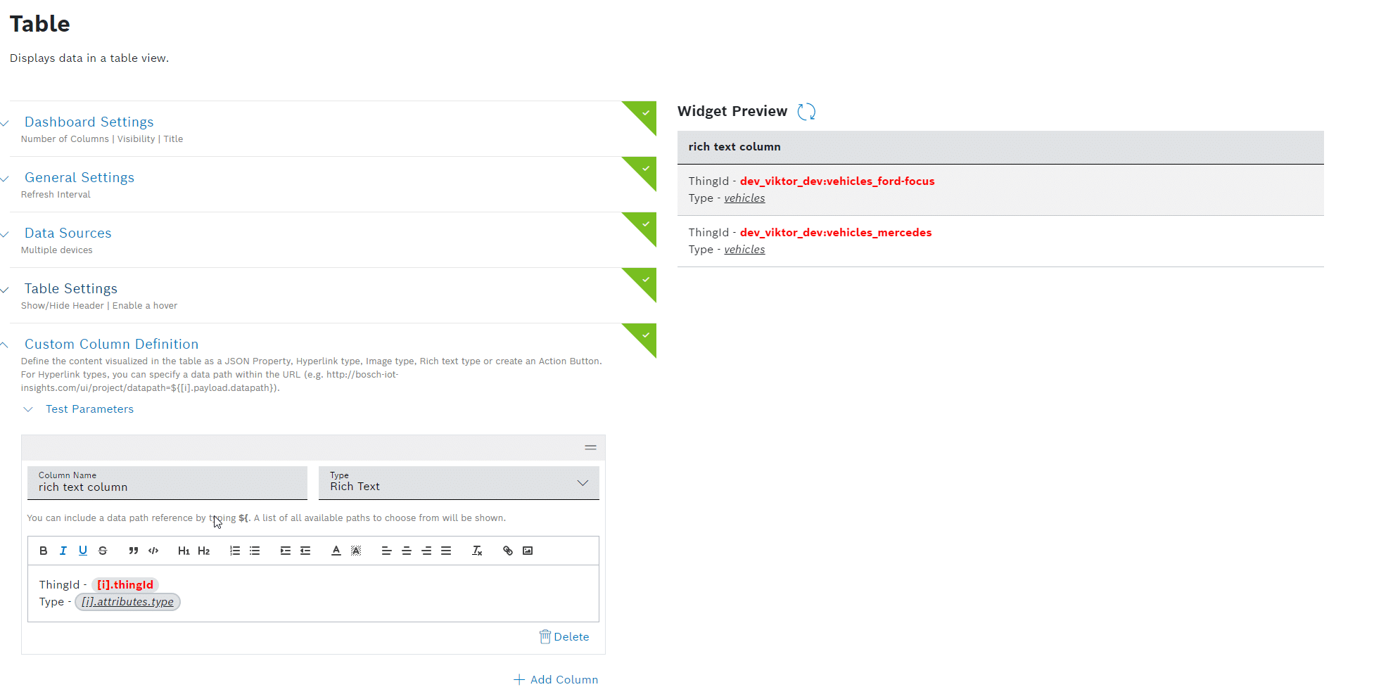 Bosch IoT Insights: Table Widget with Rich Text column - Developer Bosch IoT Suite